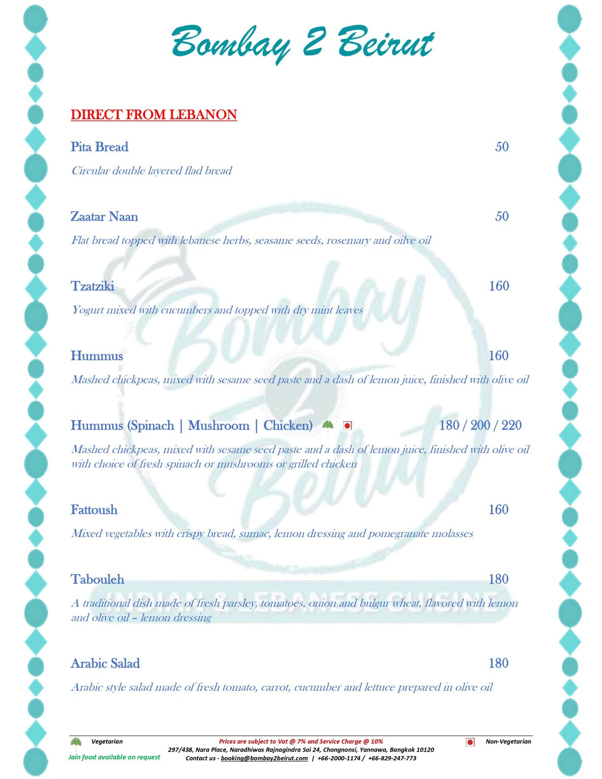Menu – Bombay 2 Beirut